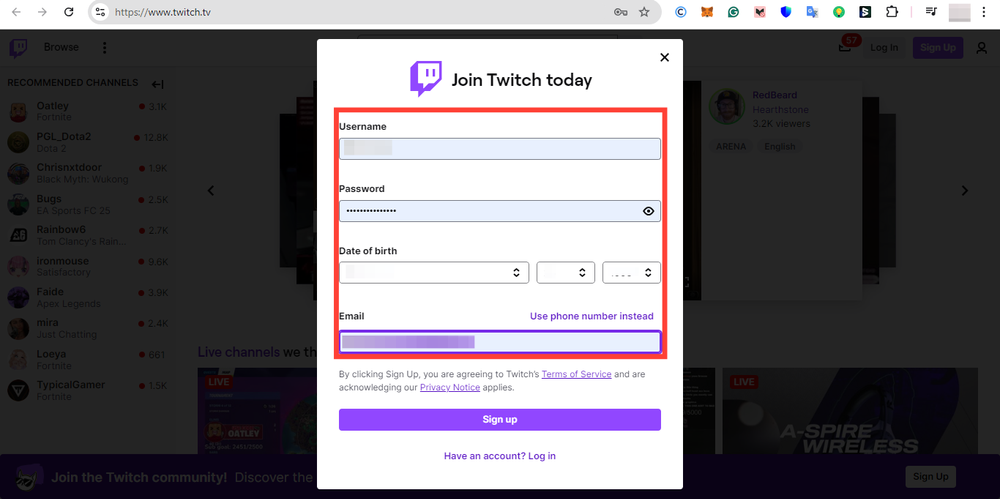 How to set up an account on Twitch