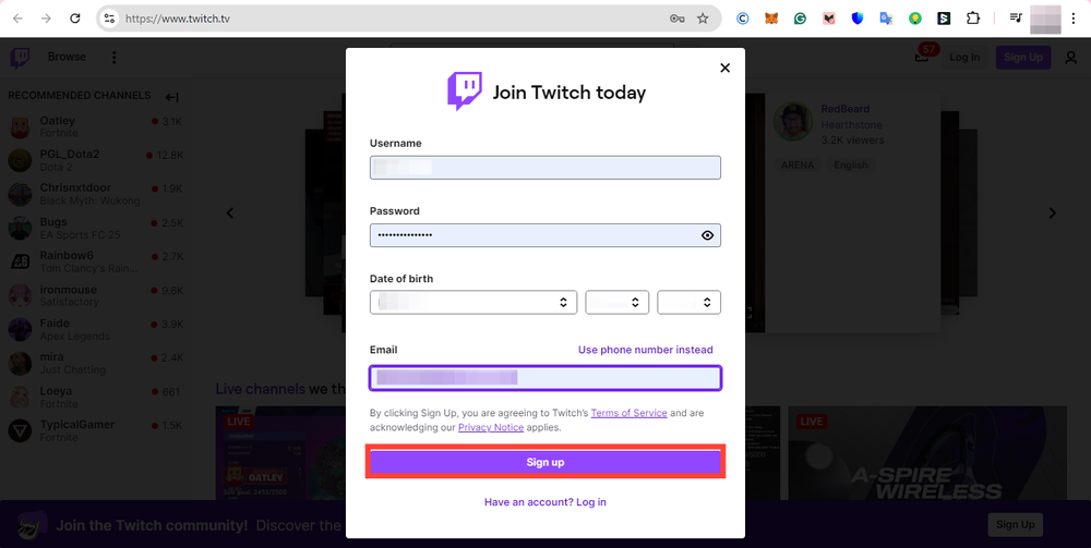 How to set up an account on Twitch