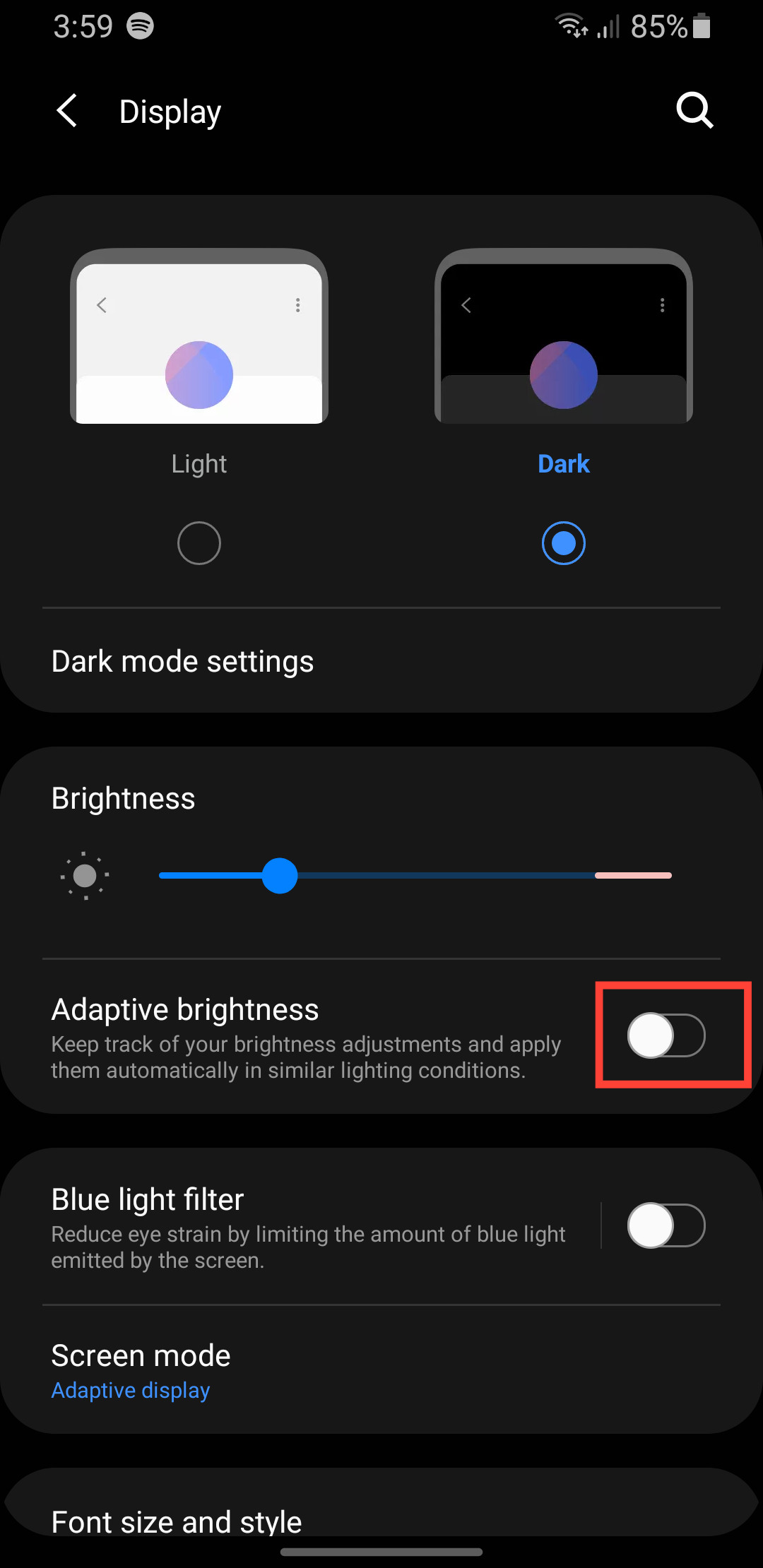 How to enable and disable adaptive brightness on a Samsung device