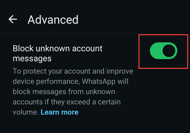 How to block unknown account messages on WhatsApp