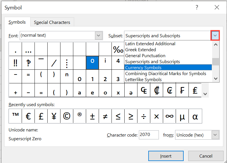 How to insert a symbol in Microsoft Excel